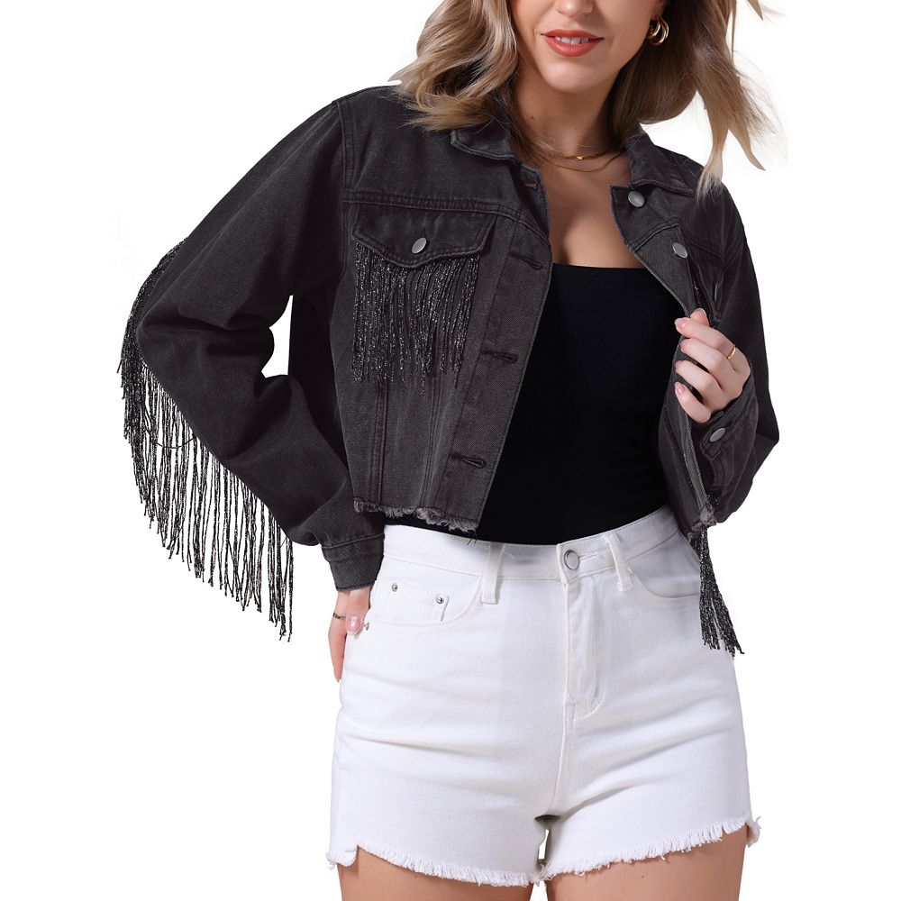 Women's Cropped Jean Jackets Fringe Long Sleeve Frayed Hem Tassel Trim ...