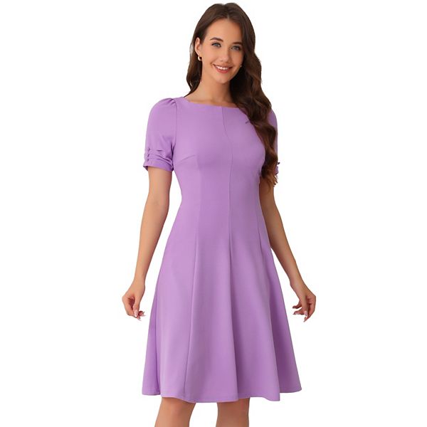 A-Line Work Dress for Women's Square Neck Ruched Short Sleeve Dresses