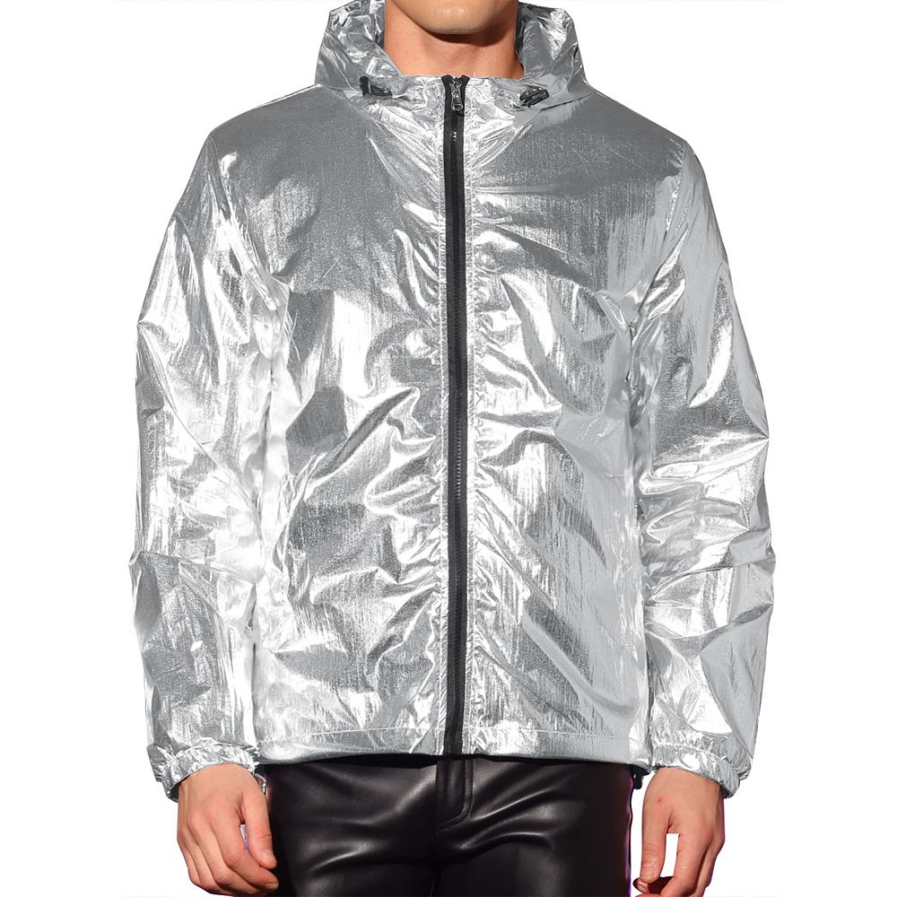 Metallic Jackets for Men's Zip Up Disco Party Hooded Windbreaker Shiny ...