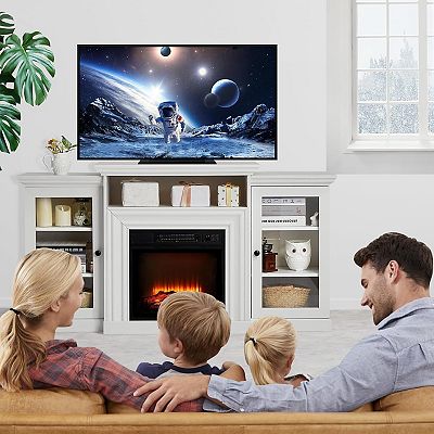 60 Farmhouse TV Stand with Electric Fireplace Wood Entertainment Center TV Console Cabinet with Open Storage Shelves White