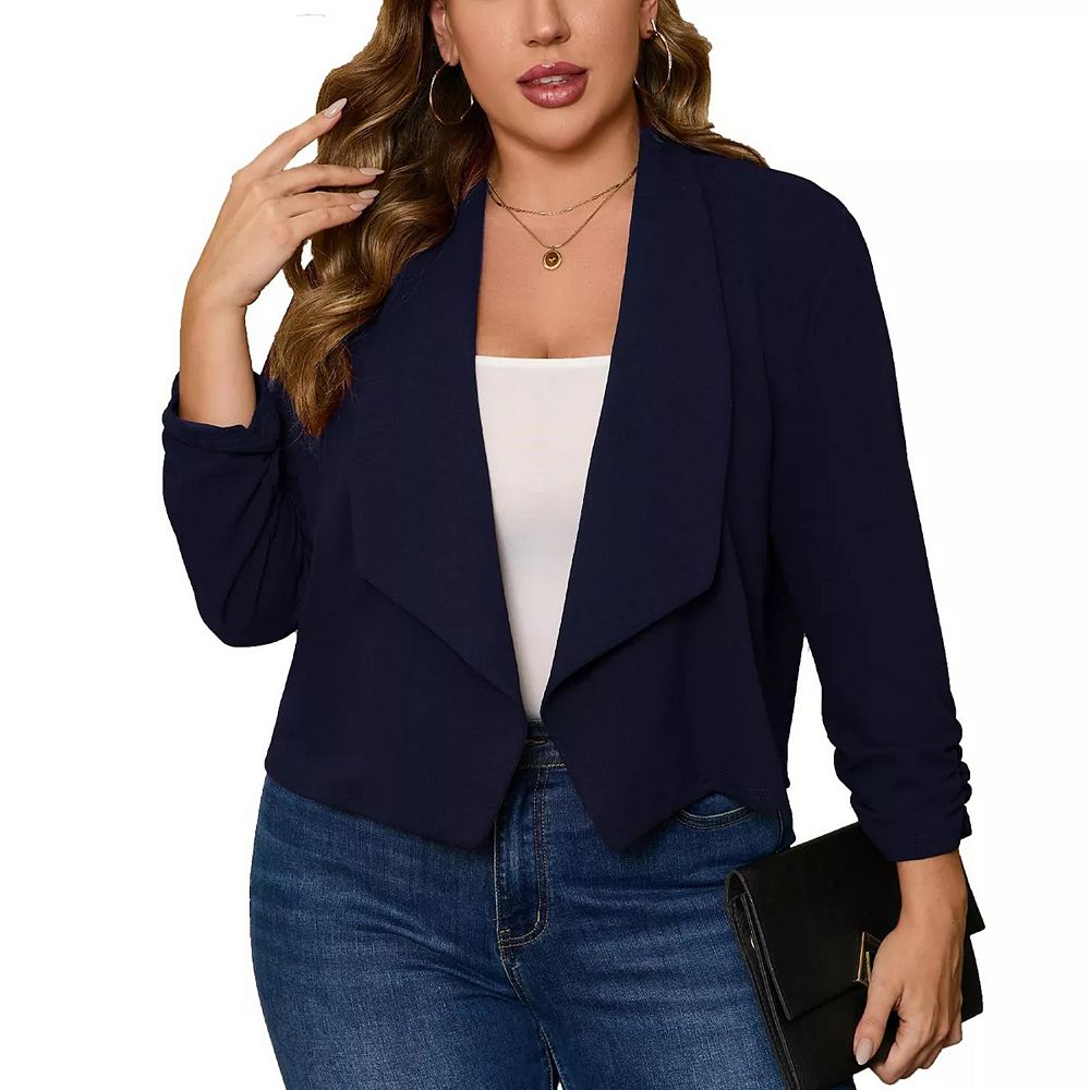 Women Plus Size Casual Blazer Open Front 3/4 Gathered Sleeve Work Office Business Cardigan Jackets