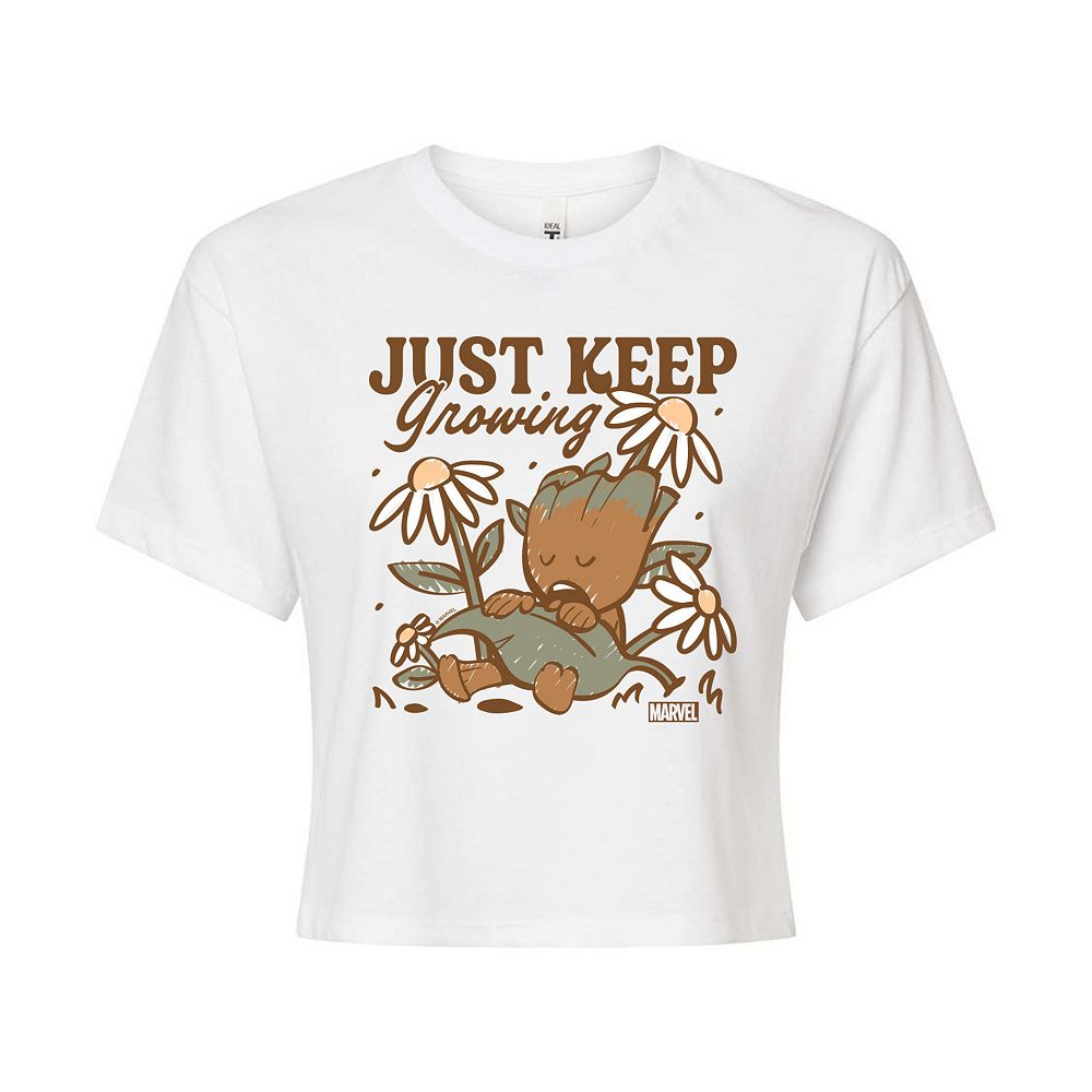 Juniors' Marvel Guardians of the Galaxy Groot Just Keep Growing Cropped Tee
