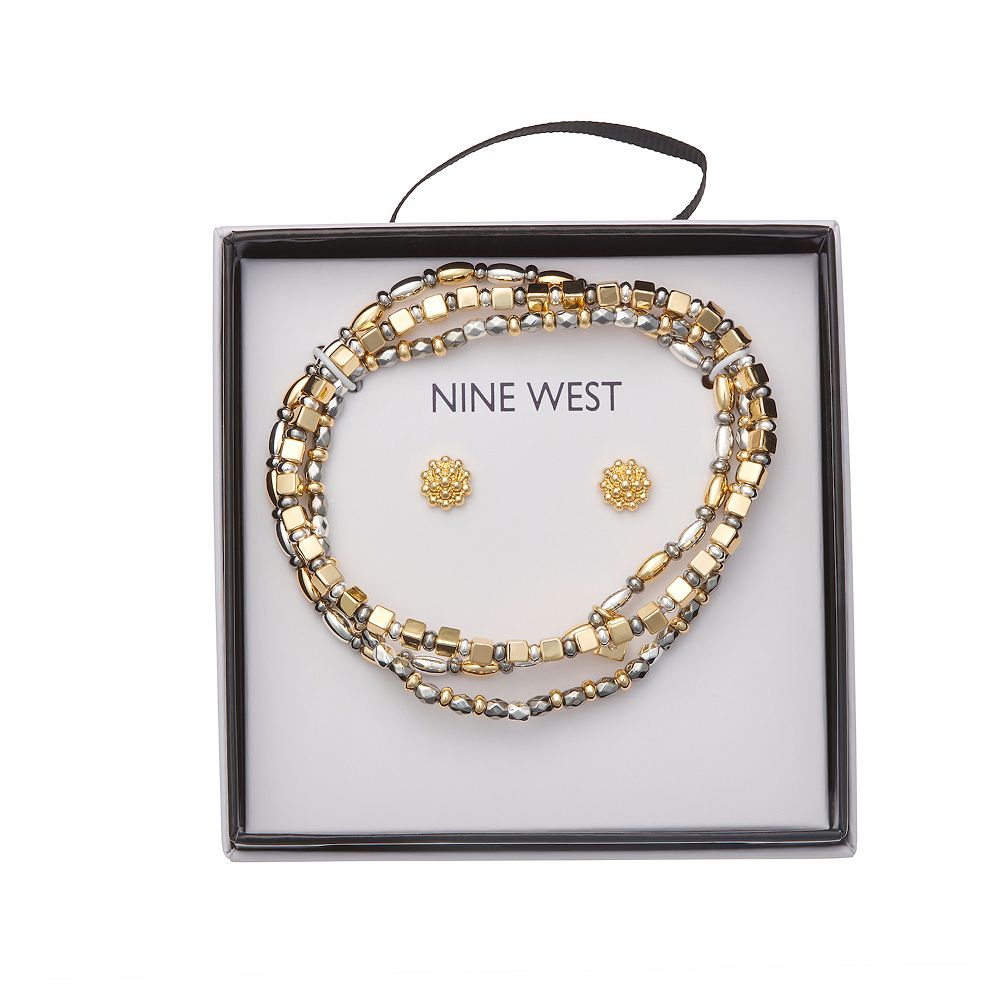 Nine West Tri-Tone 3-Row Stretch Bracelet & Stud Earrings Set