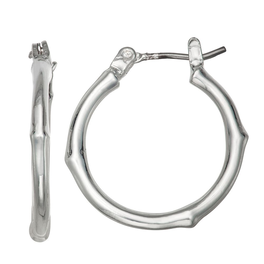 Nine West Silver Tone 20mm Small Bamboo Click-It Hoop Earrings