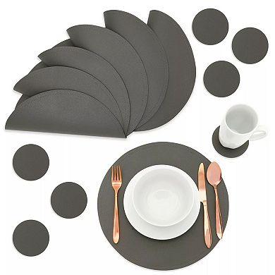 Grey Faux Leather Circle Placemats & 6 Round Coasters Set of 6