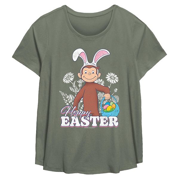 Plus Size Curious George Happy Easter Egg Hunt Flowy Graphic Tee
