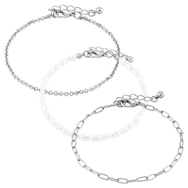 Emberly Silver Tone 3-Piece Simulated Pearl, Paperclip Link & Rolo Bracelet Set