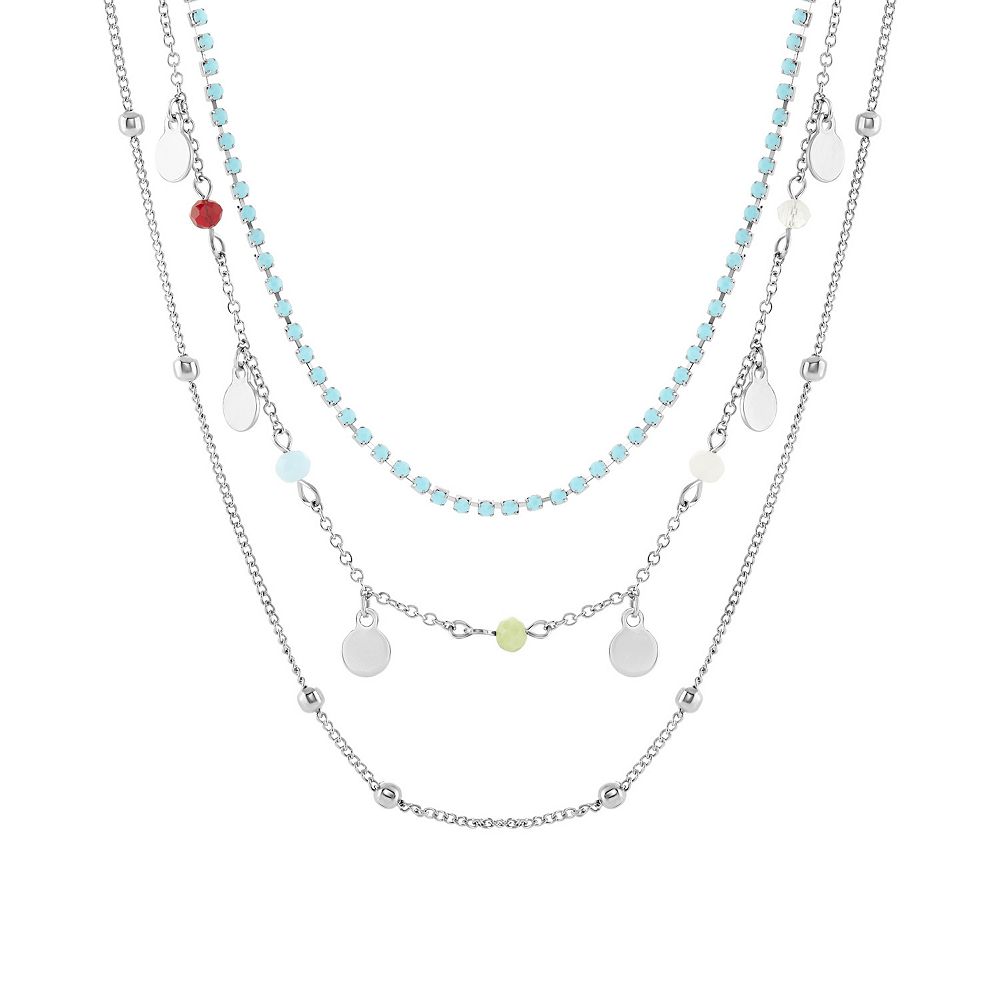 Emberly Silver Tone Multi Color Beads Station & Simulated Turquoise Triple Layer Necklace