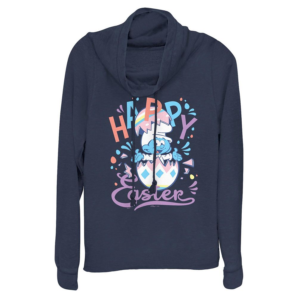 Women's Smurfs Happy Easter Baby Cowlneck Graphic Lightweight Long Sleeve