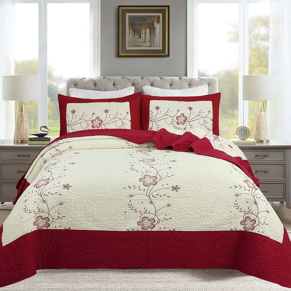 Marcielo 3 Piece Queen Size Embroidery Quilt Set Lightweight Bedspread ...