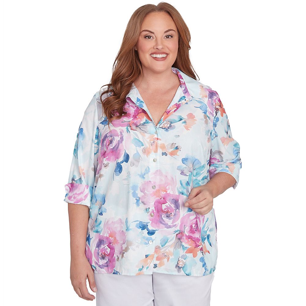 Plus Size Alfred Dunner Floral Watercolor Button Down Top