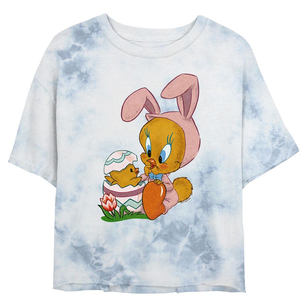 Juniors' Looney Tunes Tweety Bird Easter Bunny And Egg Cropped Graphic Tee