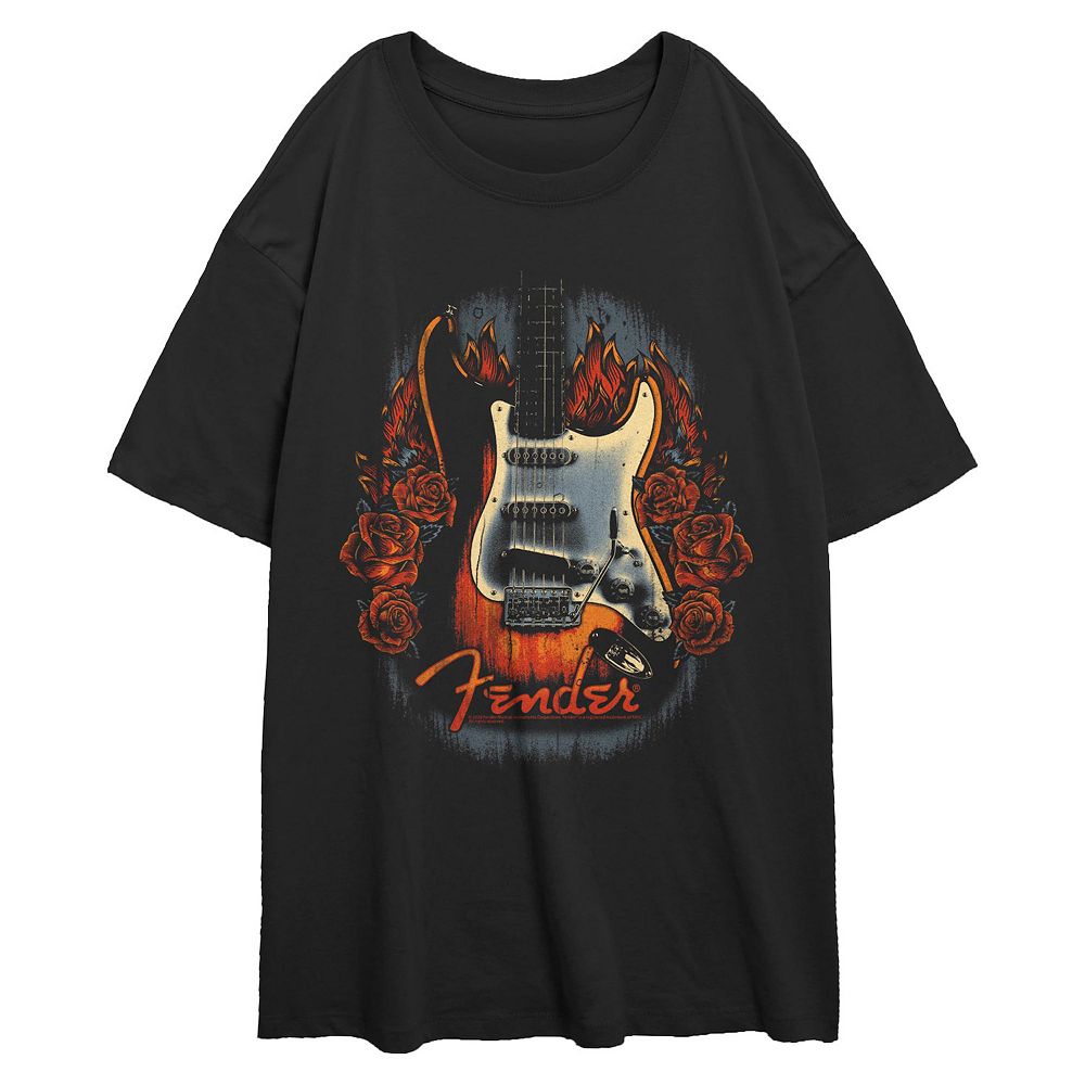 Juniors' Fender Flower Guitar Oversized Graphic Tee