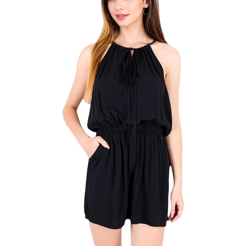 Women's Sleeveless Drawstring Neck Romper with Elastic Waistband