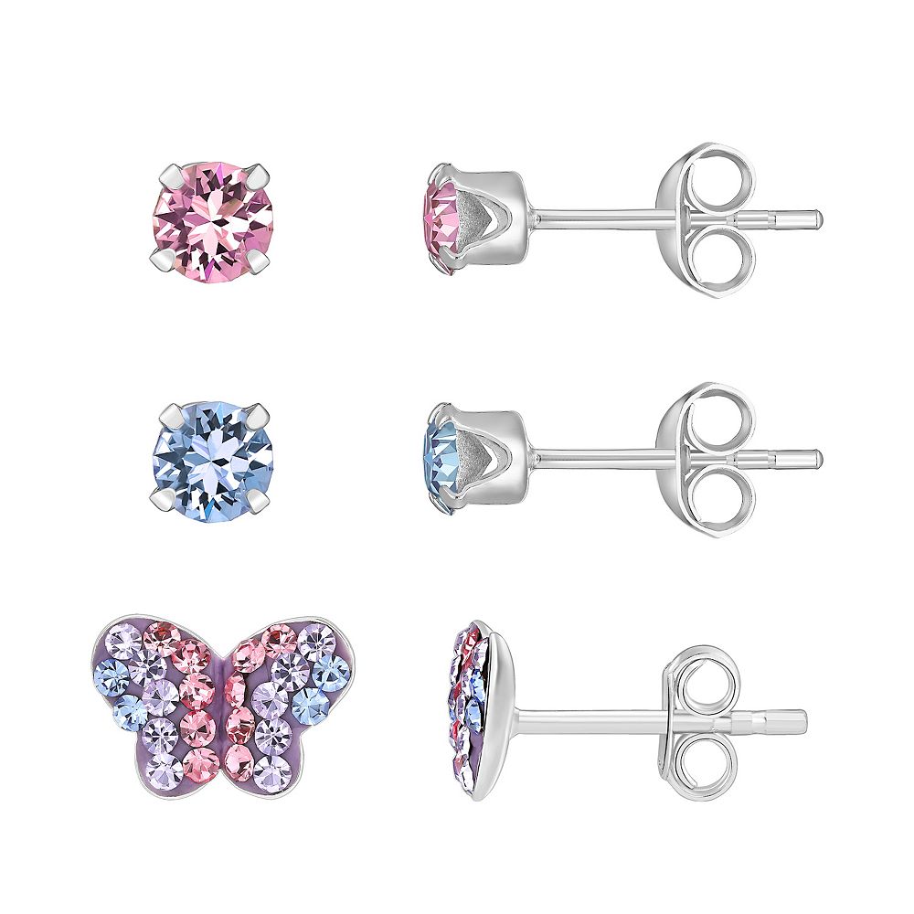 Charming Girl Kids' Sterling Silver 3-Pair Crystal Butterfly Stud ...