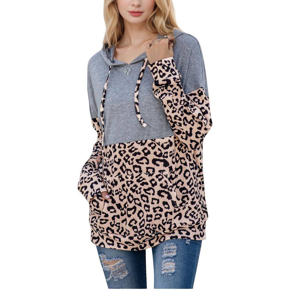Women's Color Block Leopard Print Hoodie with Drawstring and Kangaroo ...