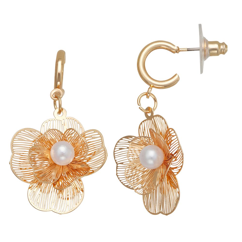 Emberly Simulated Pearl Dangling Flower Earrings