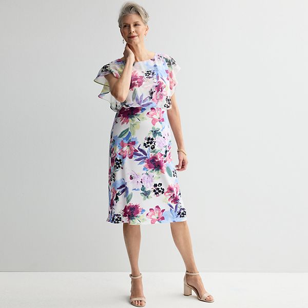 Women's Studio Connection Sheer Overlay Flutter Sleeve Midi Dress