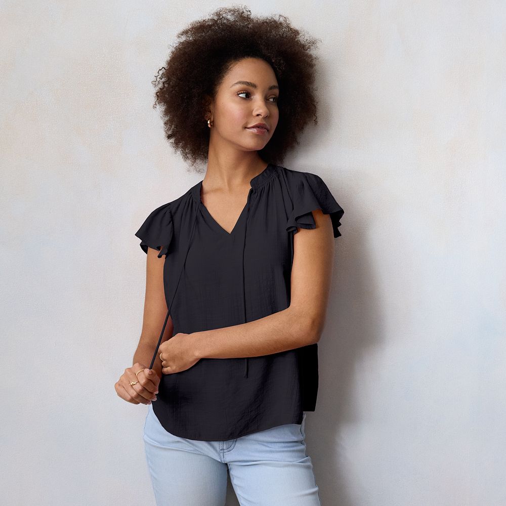 Women's LC Lauren Conrad Tie Front Ruffled V-Neck Shell