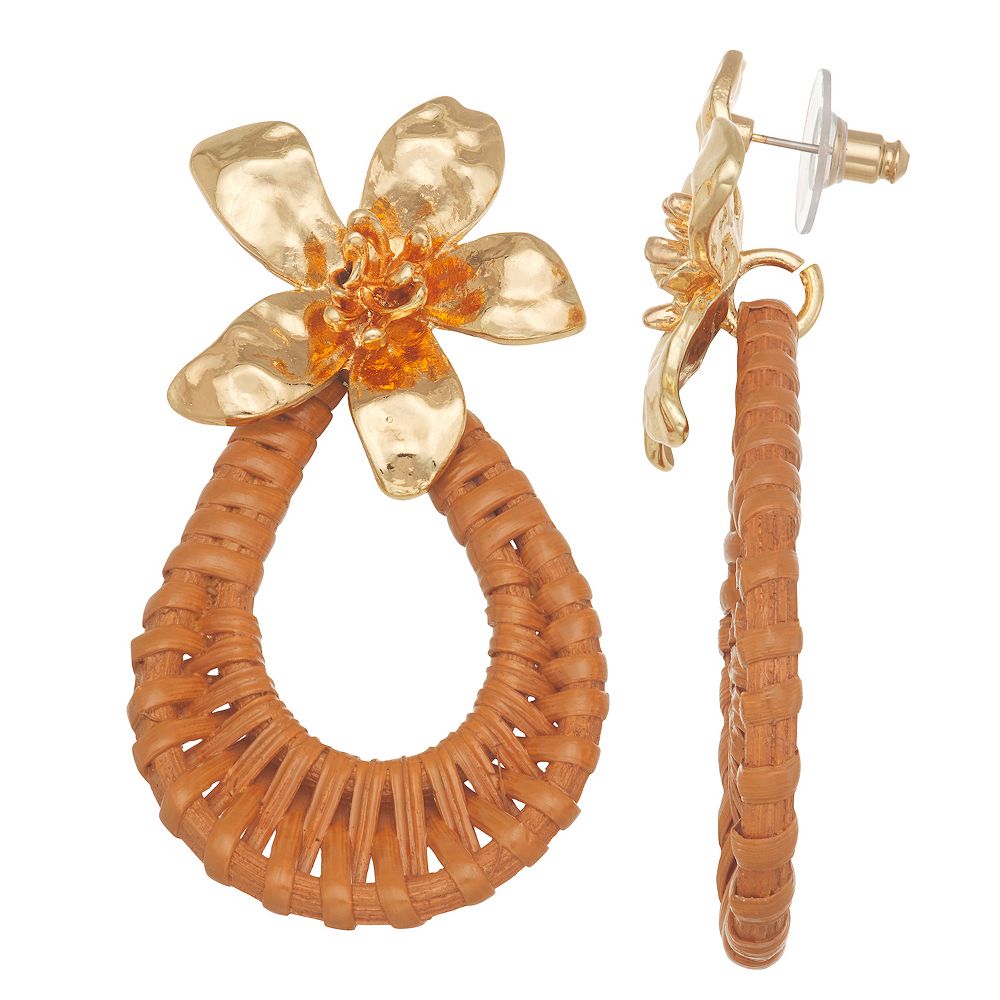 Emberly Gold Tone Flower Raffia Teardrop Earrings