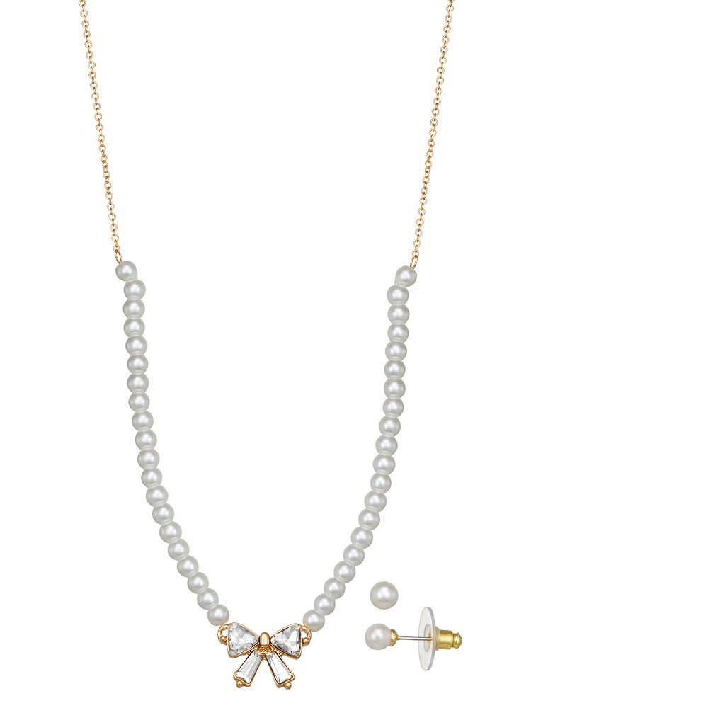 You're Invited Silver Tone Simulated Pearl Bow Pendant & Stud Earrings Set