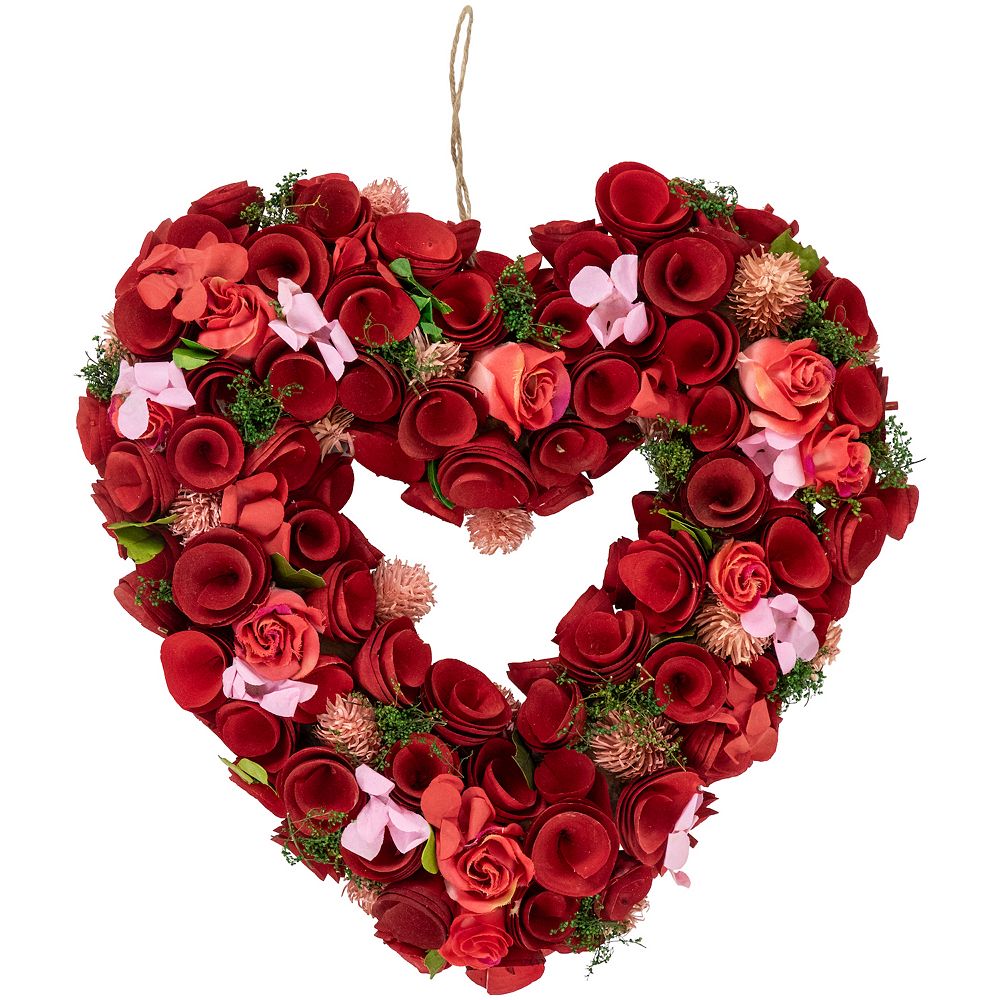 Artificial Floral Valentine's Day Wooden Heart Wreath - 13.5"