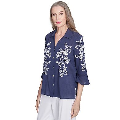 Women's Alfred Dunner Embroidered Marine Button Front Top