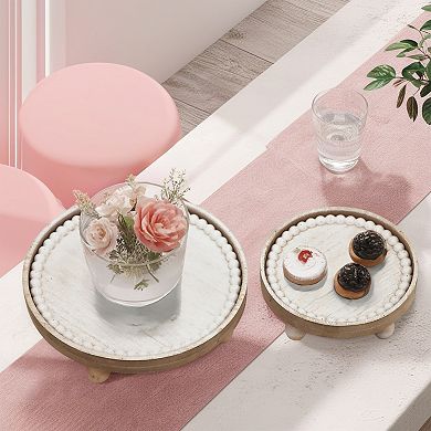 Parisloft Set of 2 Round Wood Plant Stand with Wood Beads, Whitewashed ...
