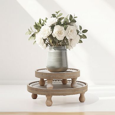 Parisloft Set of 2 Round Wood Plant Stand with Wood Beads, Whitewashed ...