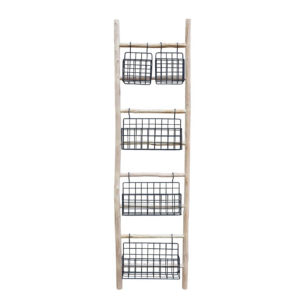 Parisloft Wood Ladder with 5 Removable Metal Black Baskets, Decorative ...
