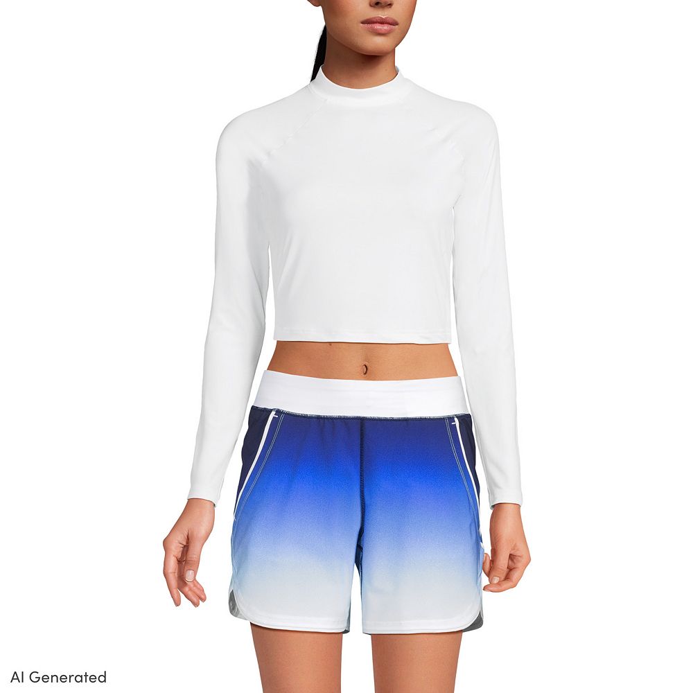 Women's Lands' End Long Sleeve Cropped UPF 50 Rash Guard Swim Top