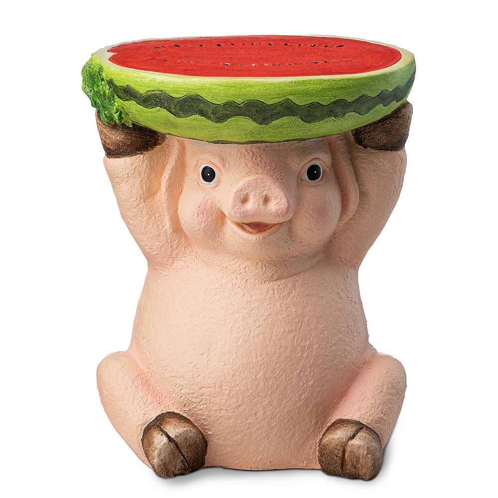 Glitzhome 12.5"H MGO Novelty Pig Hold a Watermelon Decorative Garden Stool