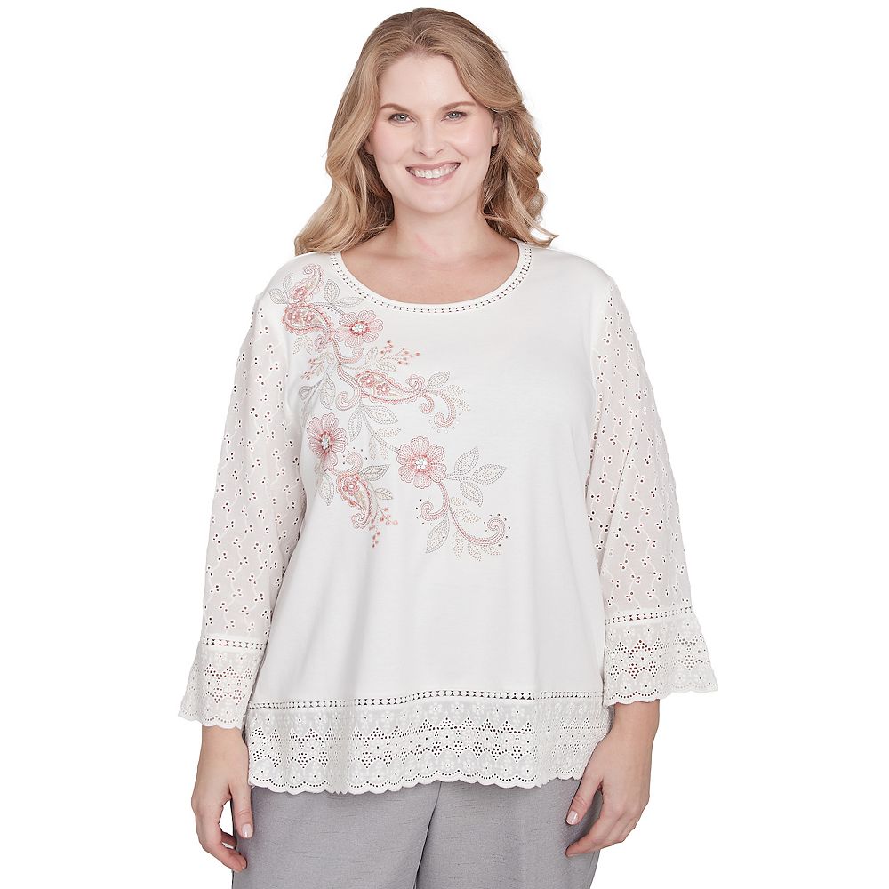 Plus Size Alfred Dunner Embroidered Floral Eyelet Trim Top
