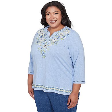 Plus Size Alfred Dunner Embroidered Daisy Split Neckline Top