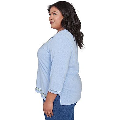 Plus Size Alfred Dunner Embroidered Daisy Split Neckline Top