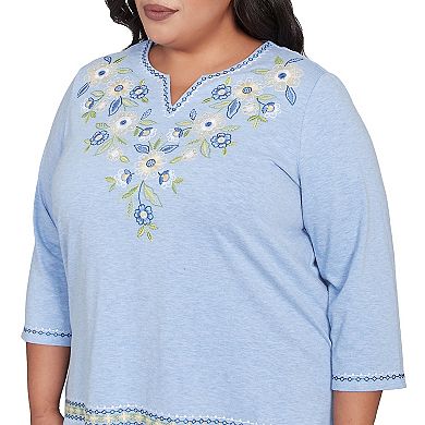 Plus Size Alfred Dunner Embroidered Daisy Split Neckline Top