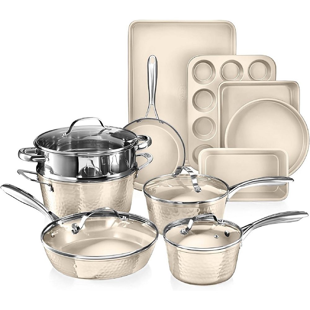 Gotham Steel Hammered 15-Piece Cream Ultra-Ceramic Nonstick Cookware ...