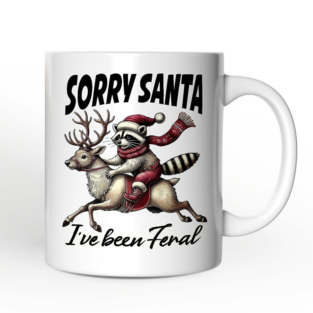 Funny Reindeer and Racoon Christmas Mug, Sorry Santa I've Been Feral Gift