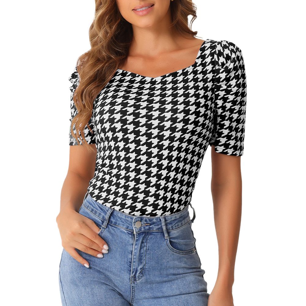 Houndstooth Work Blouse for Women's Puffy Short Sleeve Square Neck ...