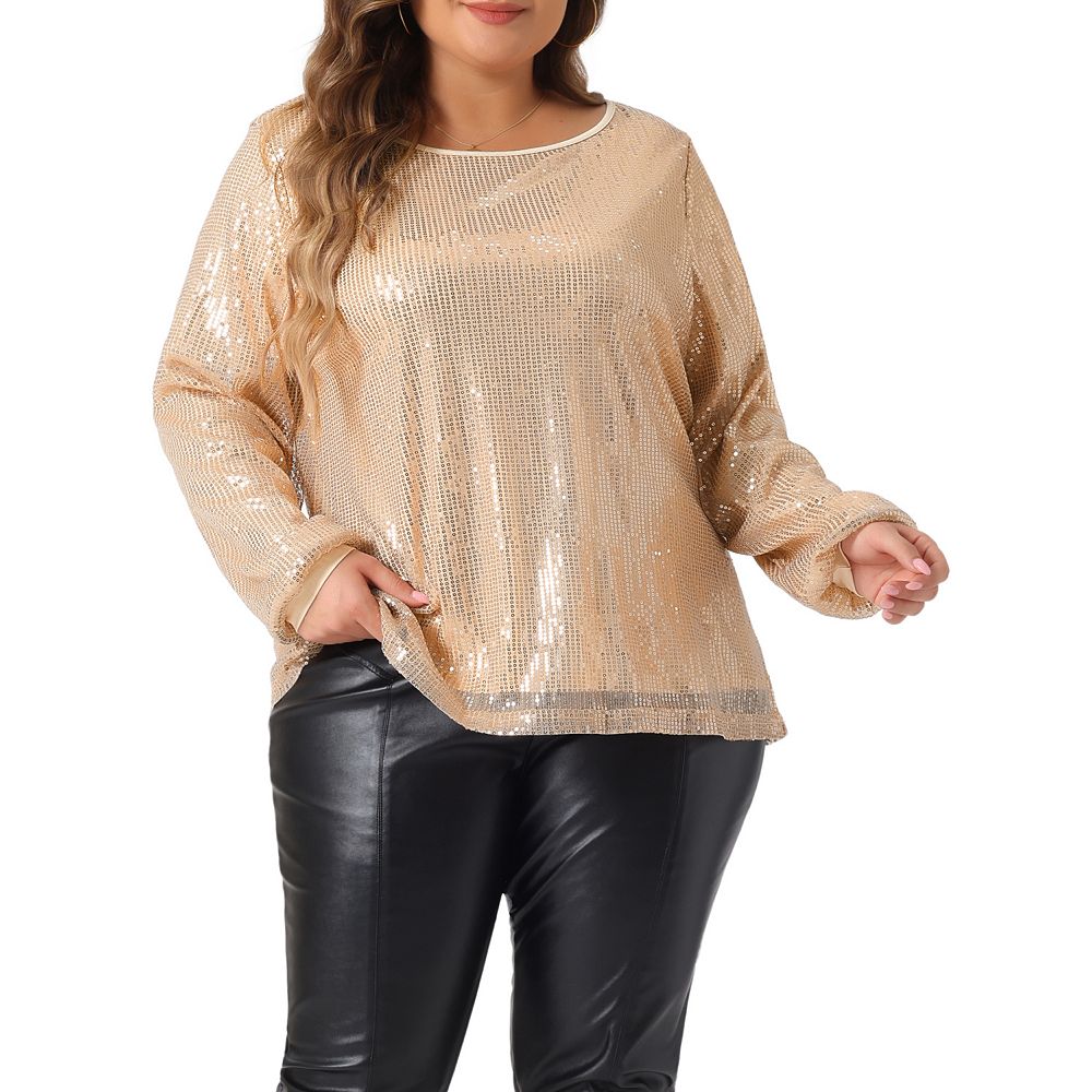 Plus Size Sparkly Sequin Top for Women Long Sleeve Glitter Concert ...