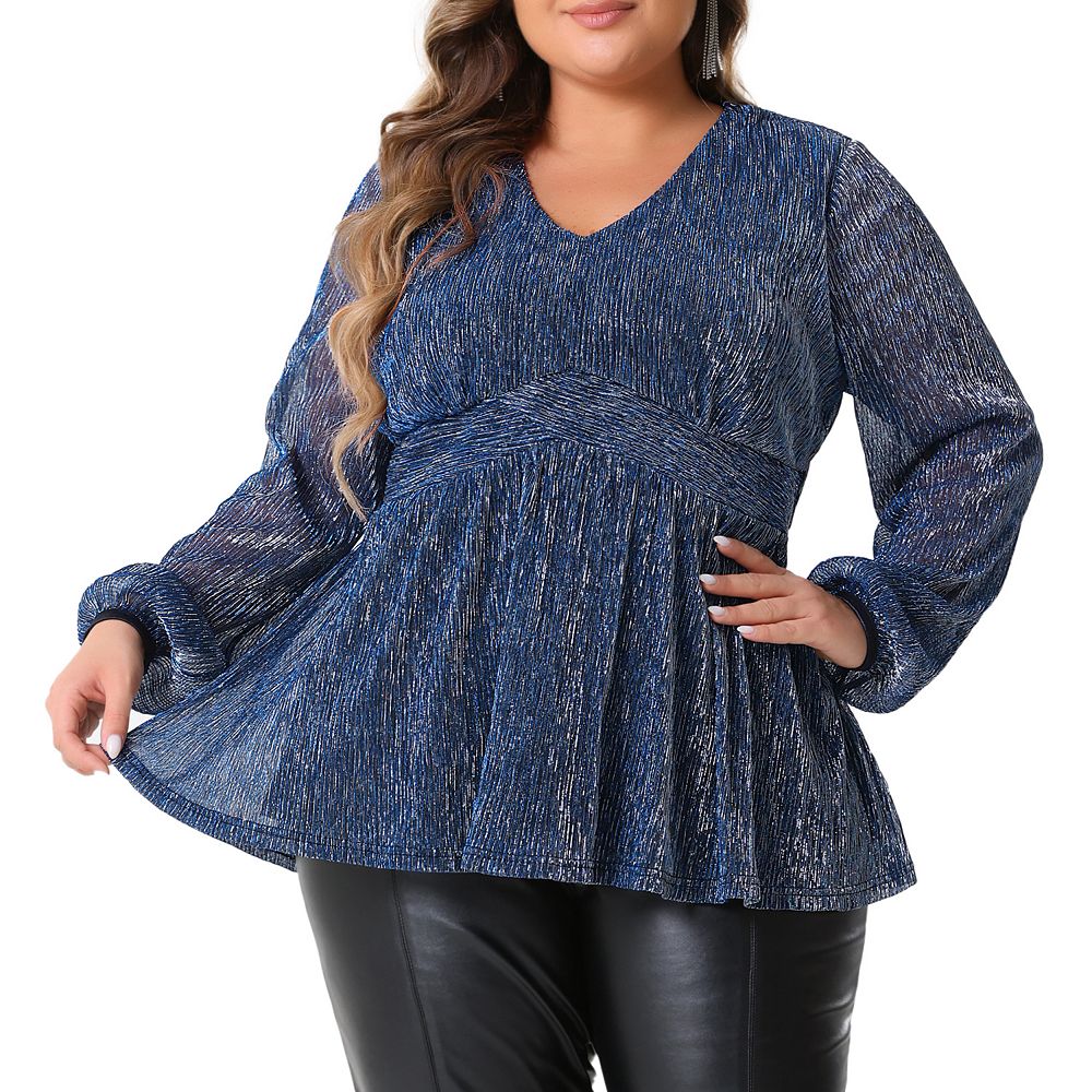 Plus Size Women's Glitter Tops Sequin V-Neck Waist Pleat Blouse Lantern ...