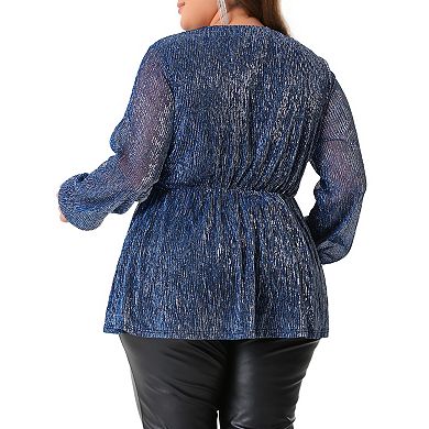 Plus Size Women's Glitter Tops Sequin V-Neck Waist Pleat Blouse Lantern ...