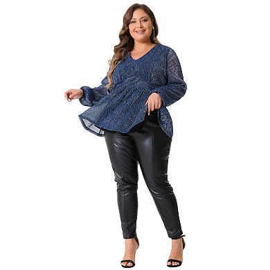 Plus Size Women's Glitter Tops Sequin V-Neck Waist Pleat Blouse Lantern ...