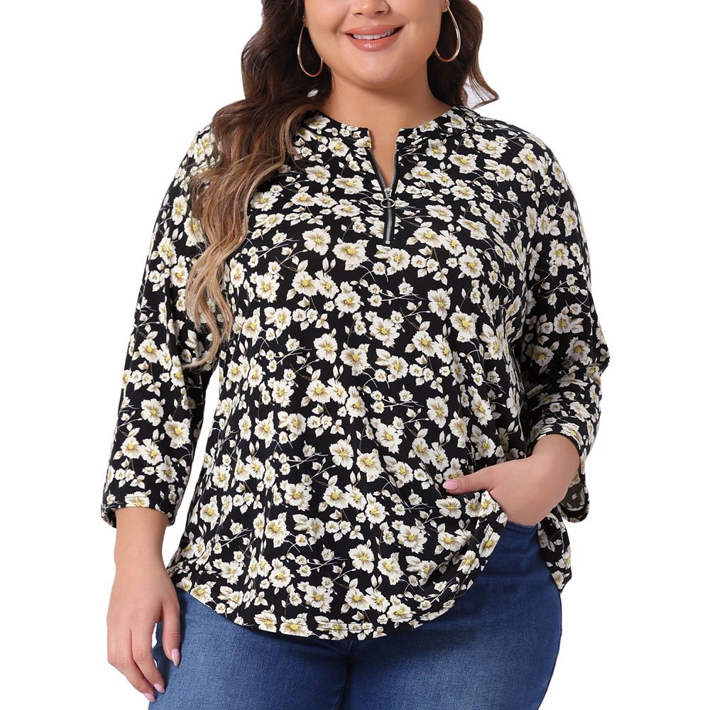 Plus Size Tops for Women 3/4 Sleeve Zip Up Floral Print V Neck Casual ...
