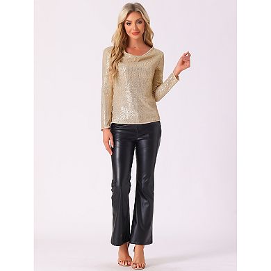 Women's Sequin Glitter Tops Cowl Neck Long Sleeve Sparkle Clubwear Blouse