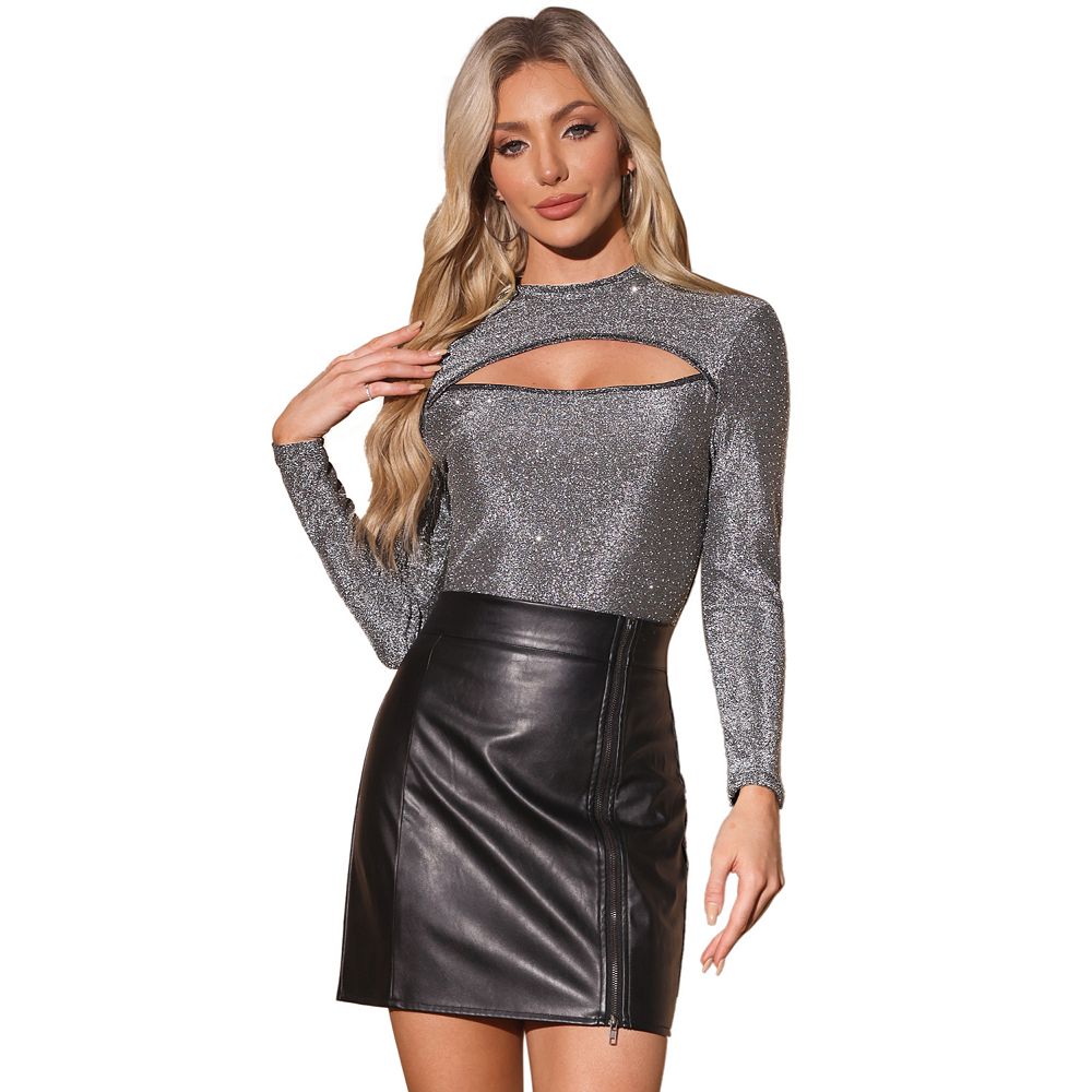 Sparkle Cut Out Top for Women's Mock Neck Long Sleeve Party Glitter Tops