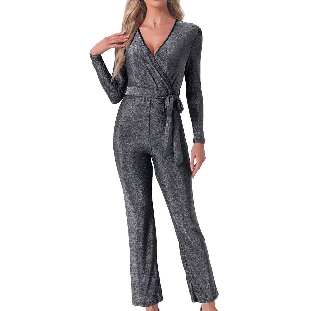 Sparkly Jumpsuit for Women V Neck Belt Night Party Clubwear Giltter ...