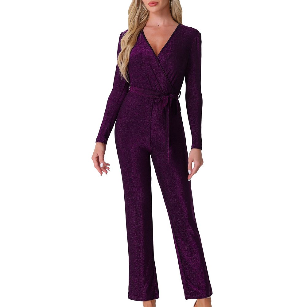 Sparkly Jumpsuit for Women V Neck Belt Night Party Clubwear Giltter ...