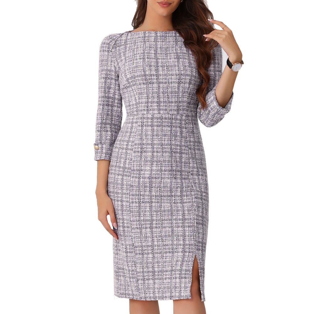 Tweed Dress for Women's Elegant Boat Neck 3/4 Sleeve Work Dress