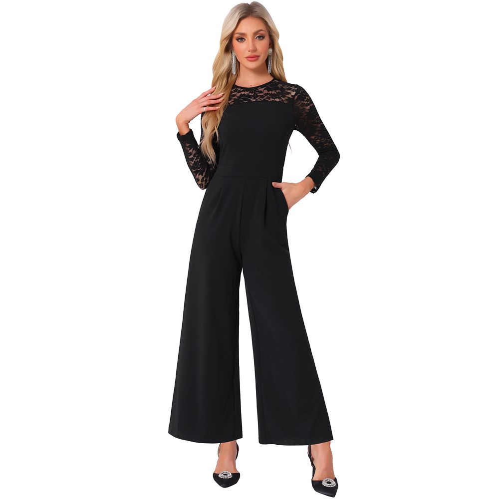 Party Jumpsuits for Women's Elegant Crew Neck Mesh Lace Sleeve Loose ...